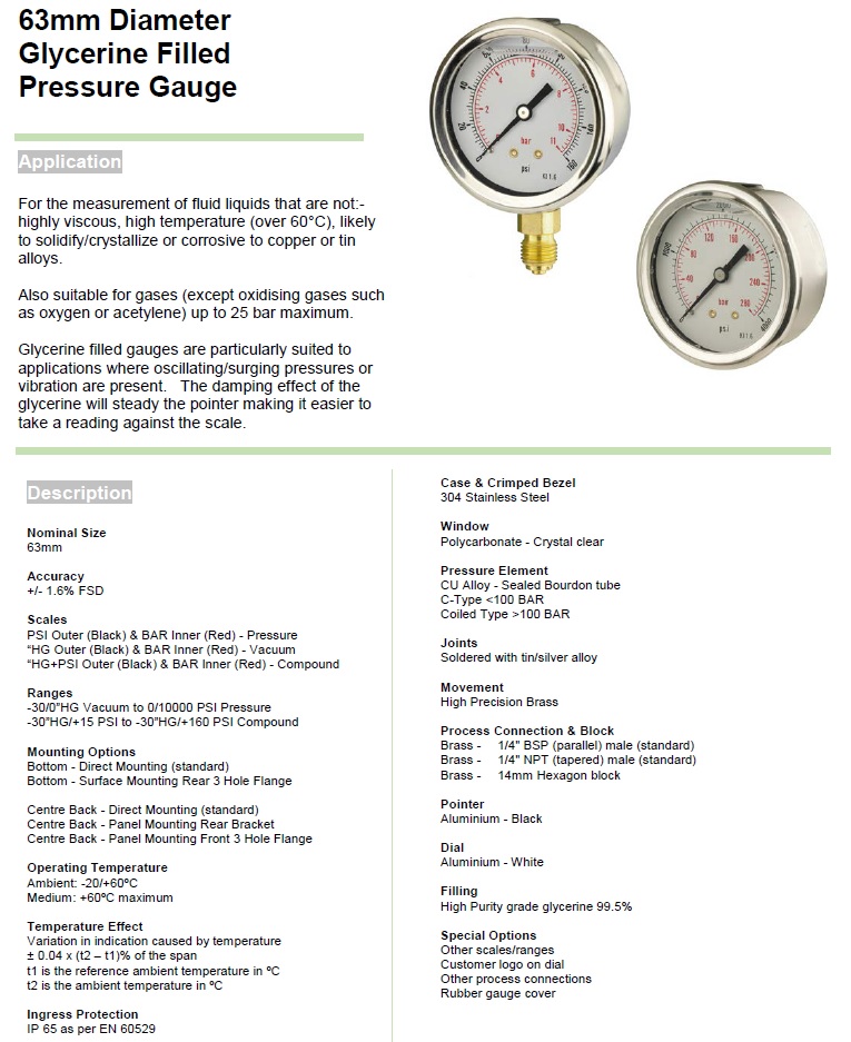 Oil Pressure Gauge 400 bar 1 ¼ “BSP 63mm Diameter Glycerine Filled