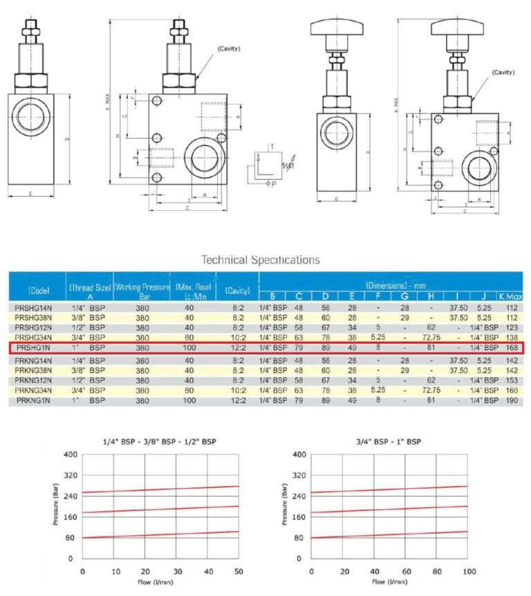 Inline Pressure Relief Valve 1” BSP 50-380 Bar Variable