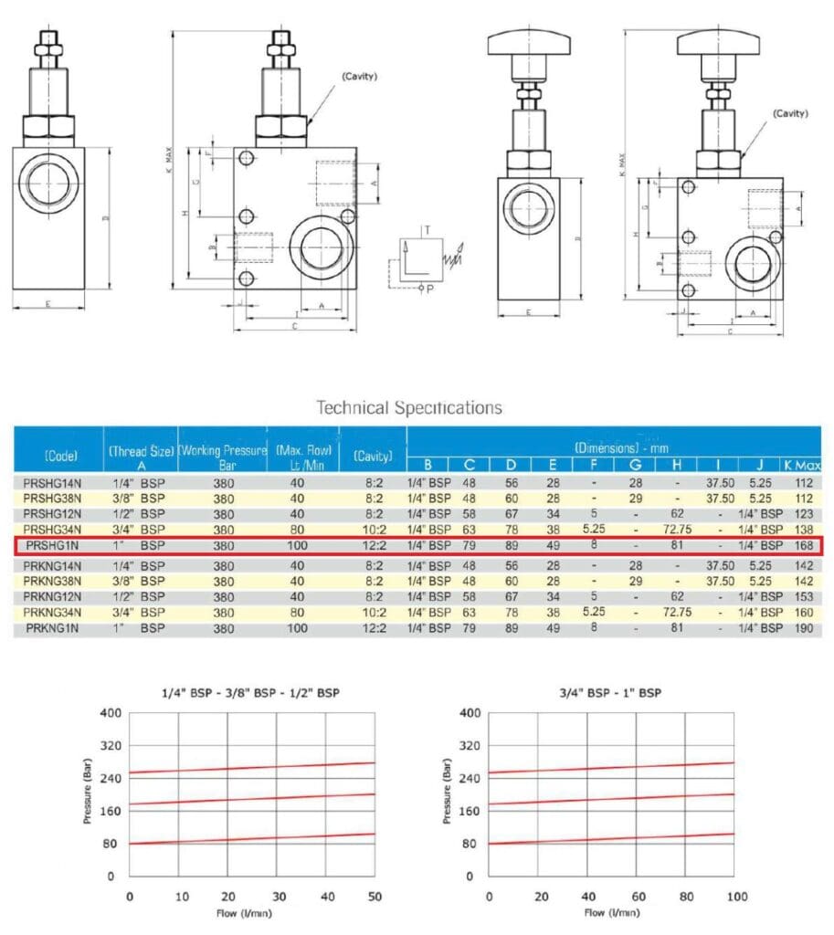 Inline Pressure Relief Valve 1” BSP 50-380 Bar Variable
